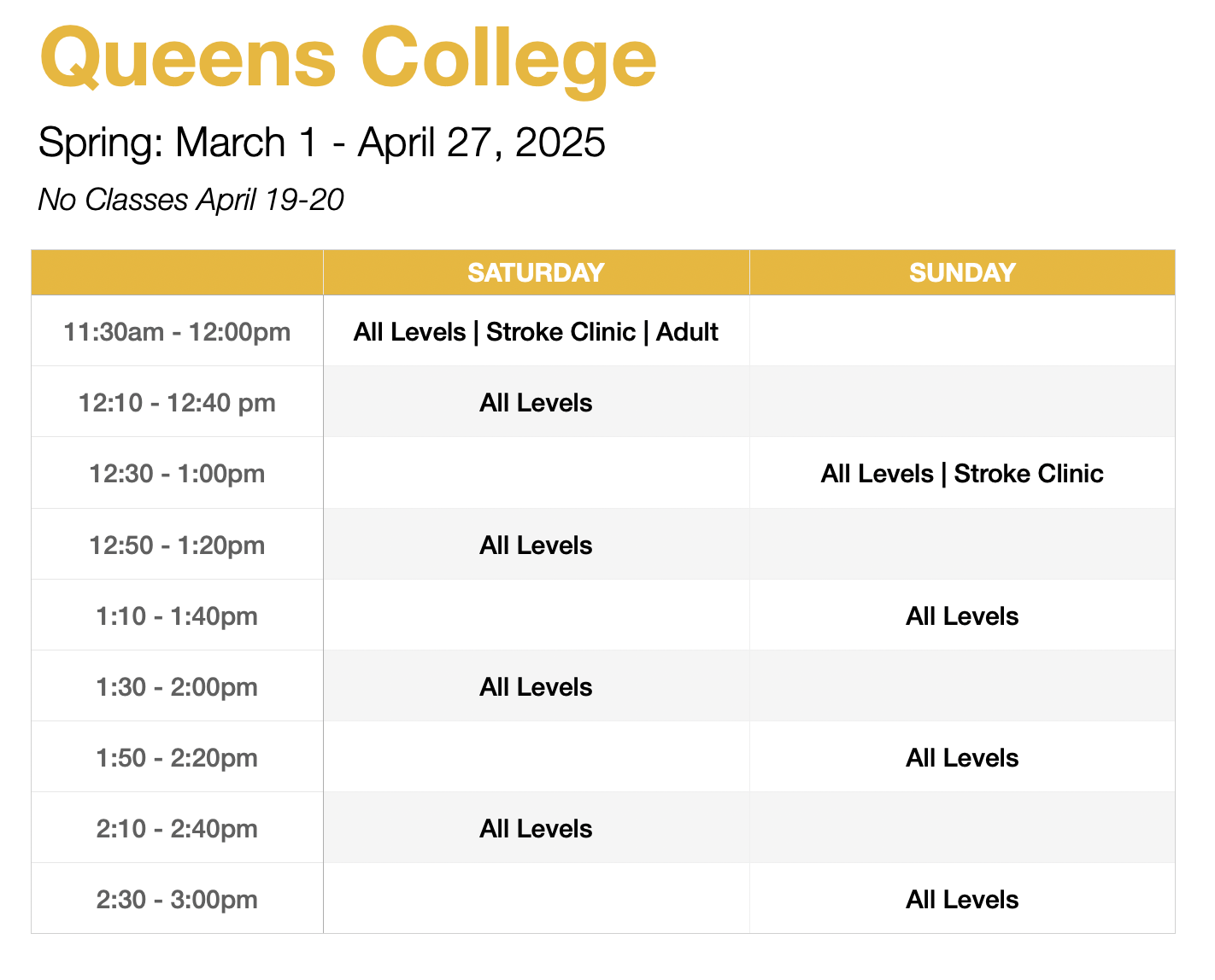 QNS Aquatics - Class Schedules